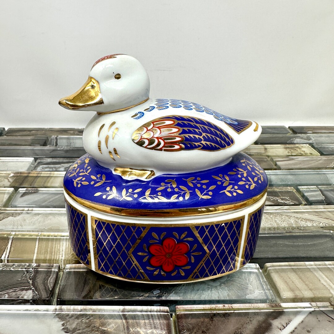 Ceramic Lidded Duck Trinket Box Imari Colors, Vintage Blue Gold Bird ...