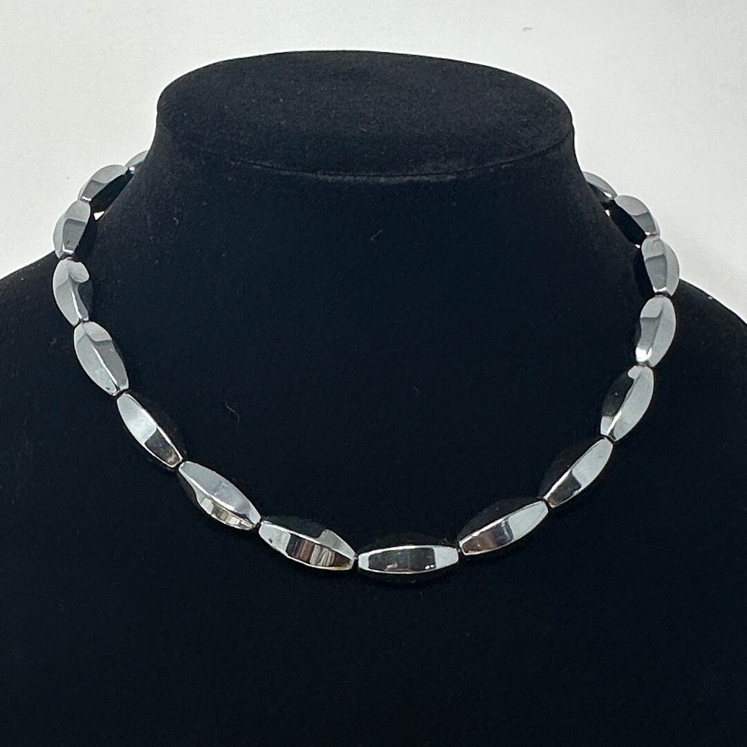 Oval Hematite Beaded Necklace 17" , Vintage 22mm Bead Short Necklace, Oblong Uniform Hematite ...