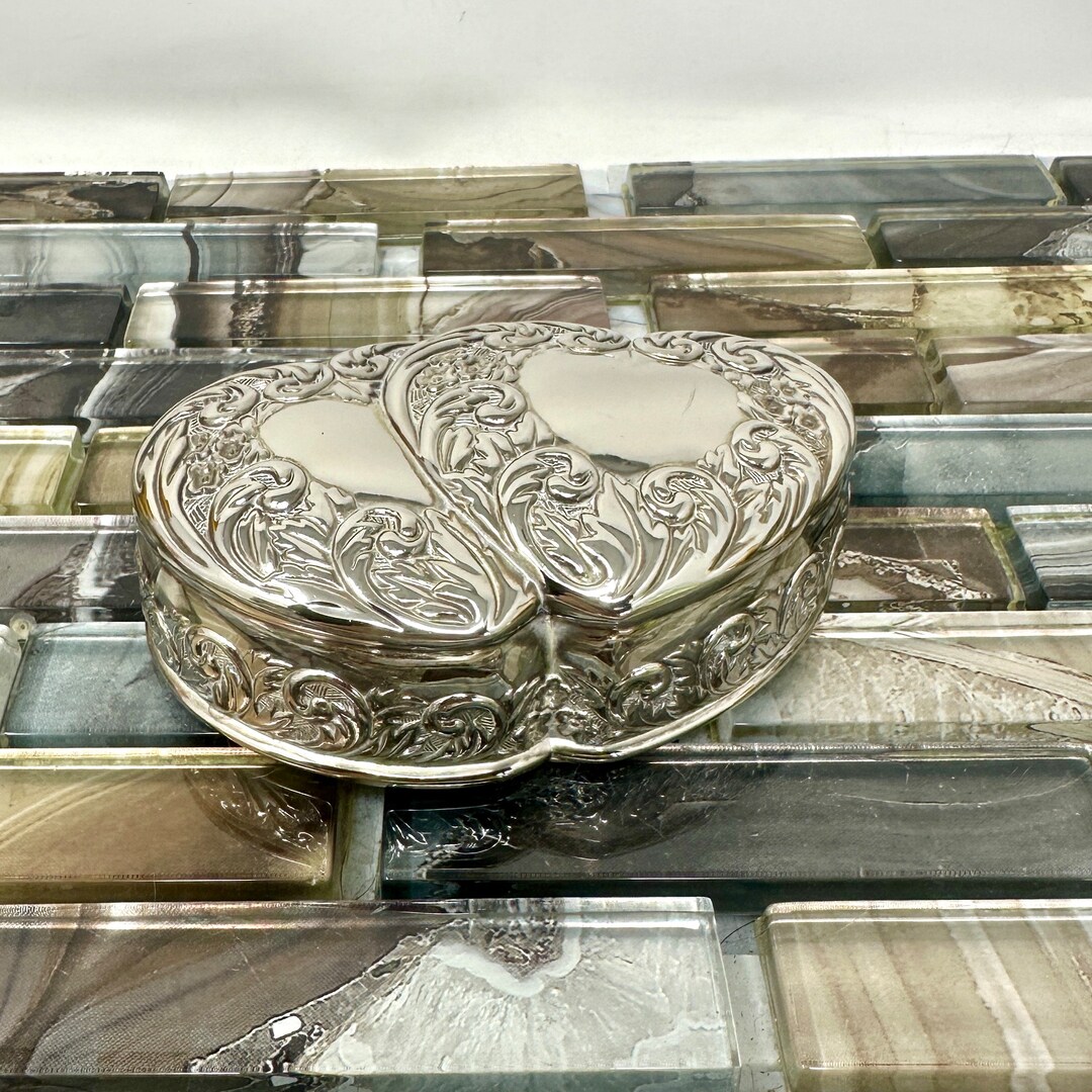Godinger 2 Heart Silver Plate Jewelry Trinket Box, Vintage Small Double ...
