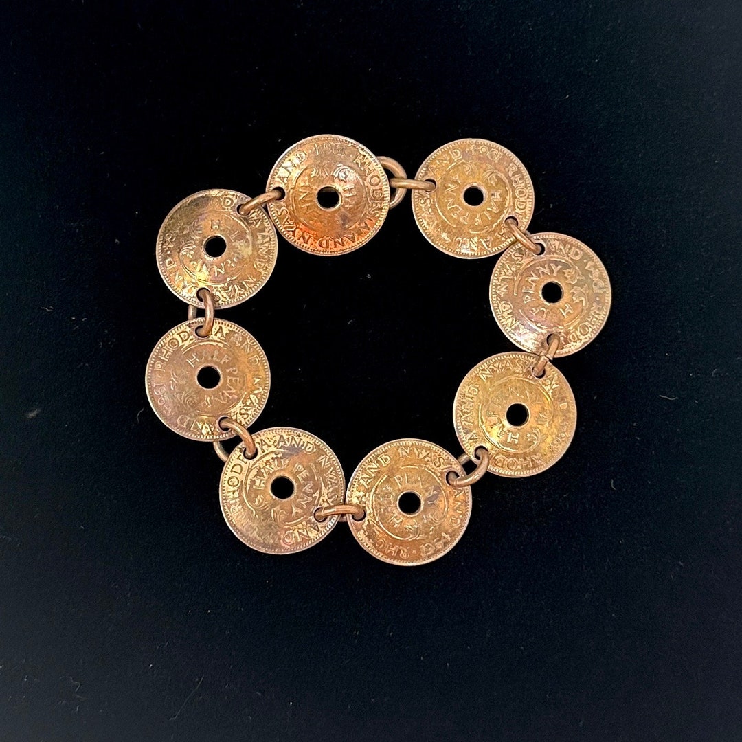 Copper Coin Bracelet, Vintage Queen Elizabeth 1964 Half Penny Link ...