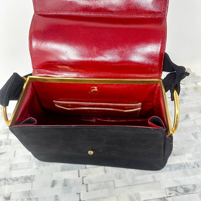 Koret Black Suede Box Purse Red Leather Lined, Vintage Mid Century Mod ...