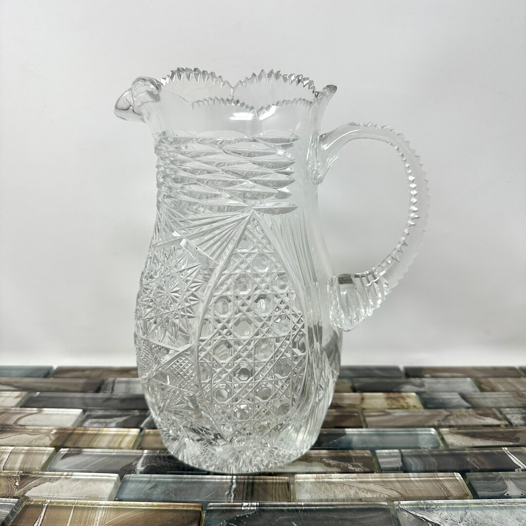 Cut Glass Water Pitcher Sawtooth Rim Vintage Turkish Clear Glass Stars ...