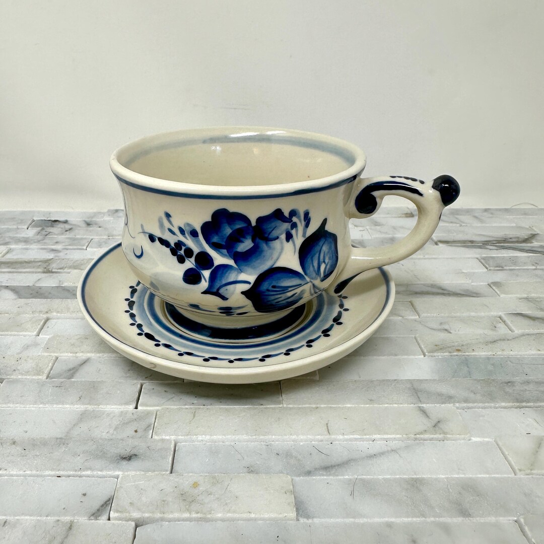 Gzhel Blue White Floral Teacup Saucer, Vintage Russian Ceramic Tea Cup ...