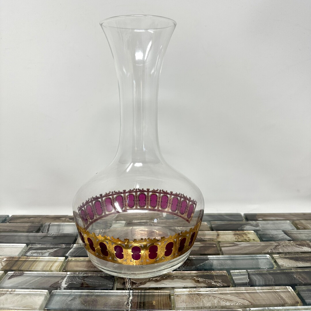 Culver Glass Wine Carafe, Vintage Decanter Cranberry Gold Scroll Band ...