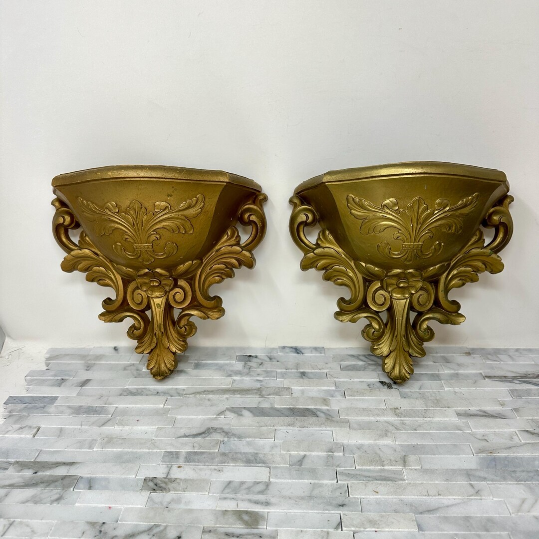 Homco Gold Wall Vase Pockets 6050 Pair, Vintage Mid Century Homco Wall ...