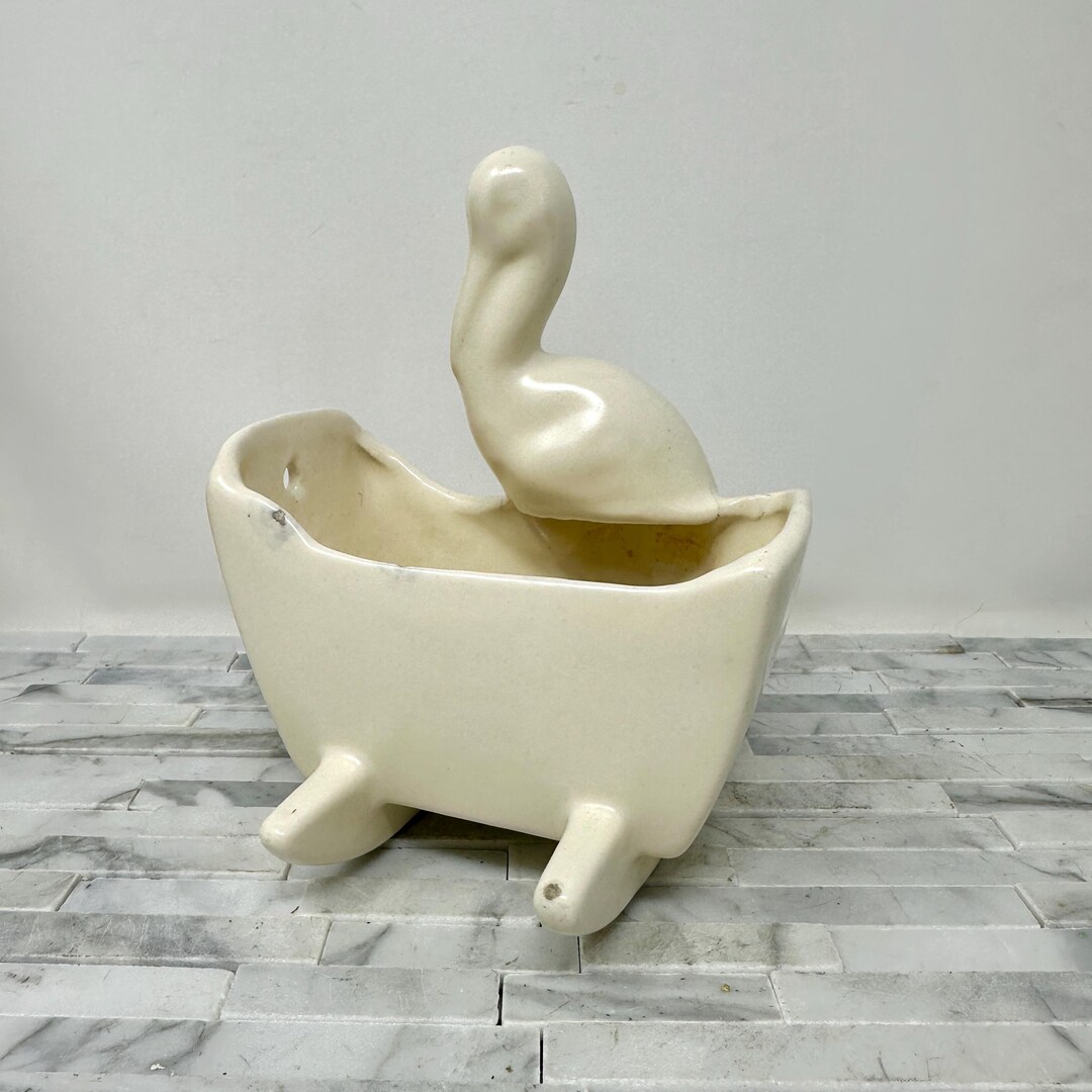 Haeger White Satin Stork Planter Urn, Vintage Bird on Cradle Crib, Mid ...