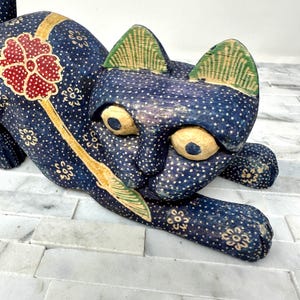 Blue Floral Folk Art Painted Wood Cat Figurine 8, Vintage Colorful ...