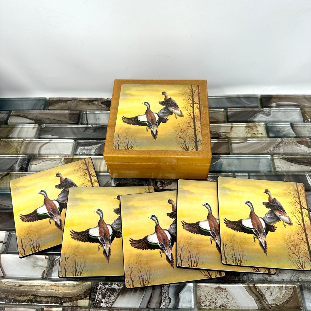 Duck Coasters in Decorative Wood Box, Vintage Light Wood Box Wood 5 ...