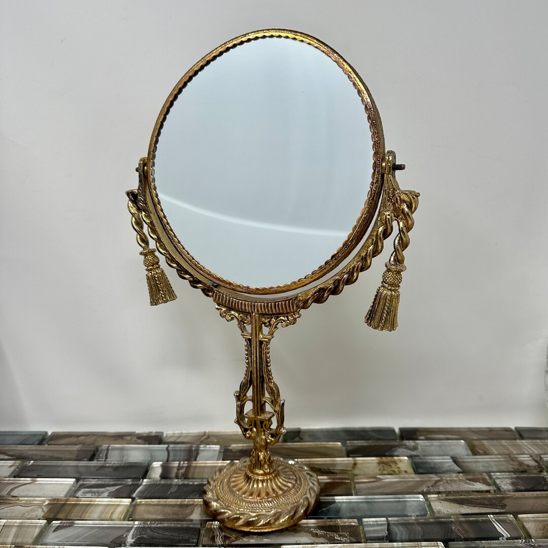 Hollywood Regency Gold Plated Standing Tassel Vanity Mirror, Vintage ...