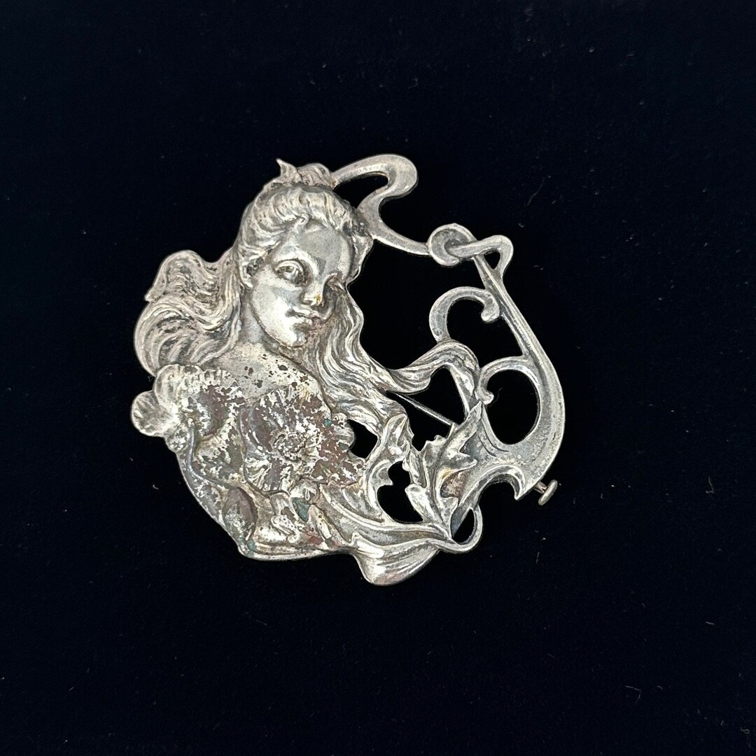 Art Nouveau Silver Plate Brooch, Antique Female Floral Pin, Feminine ...