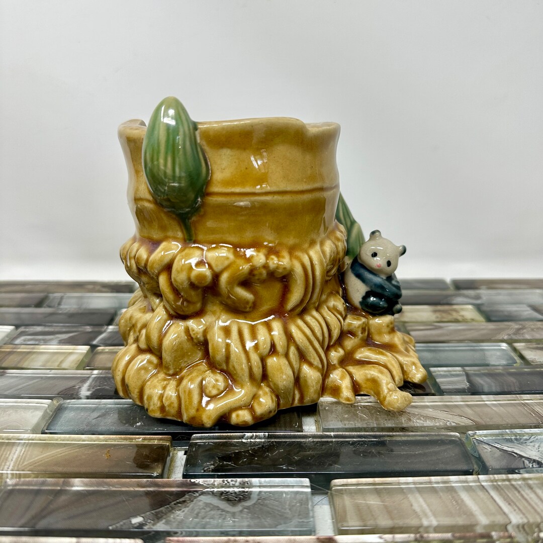 Majolica Style Panda Bear Bamboo Planter 4 1/4", Vintage Lucky Bamboo ...