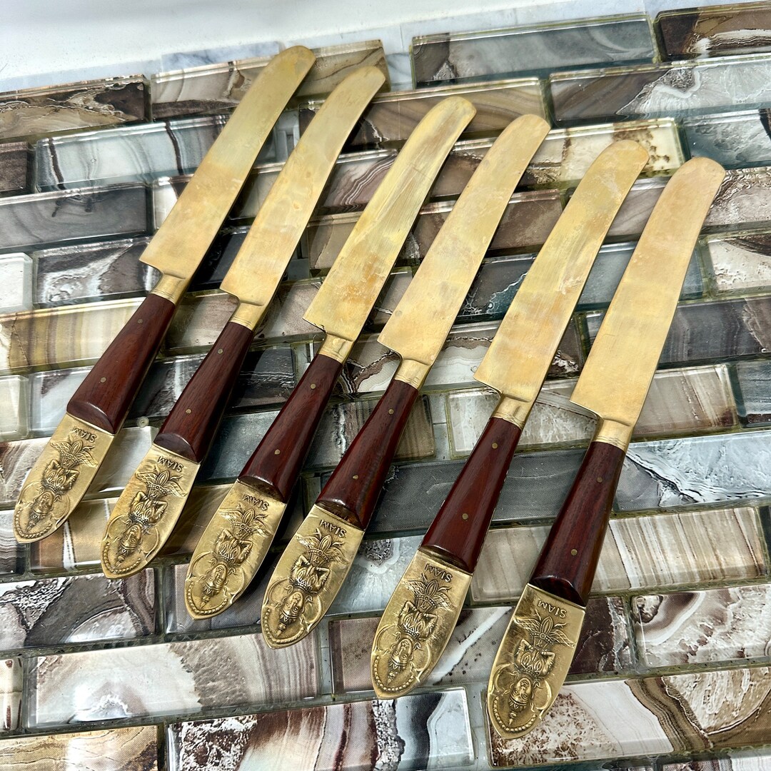 Thailand Bronze Rosewood Dinner Knives Set 6 Siam Sitting Buddha ...