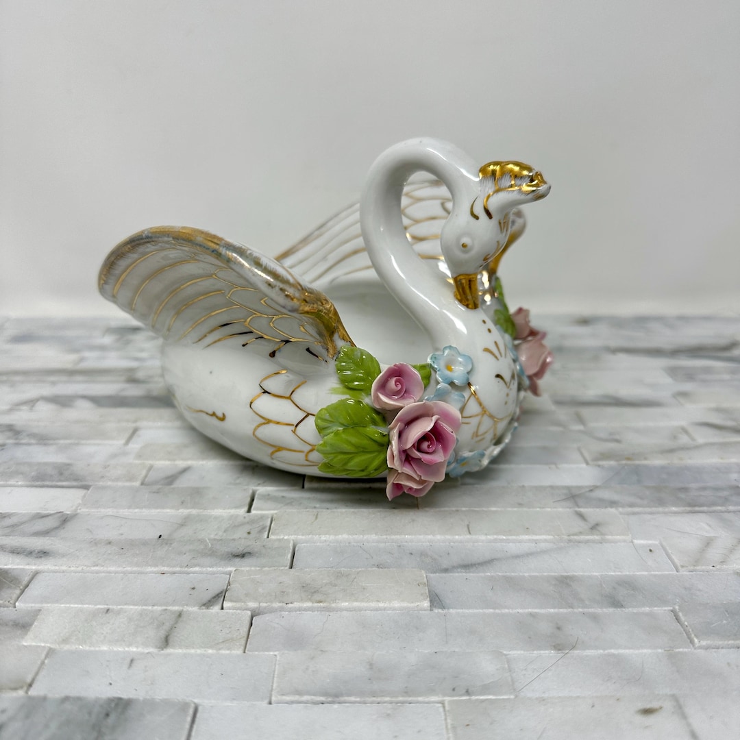 Mid Century Porcelain Swan Trinket Dish, Vintage Pink Floral Gold ...