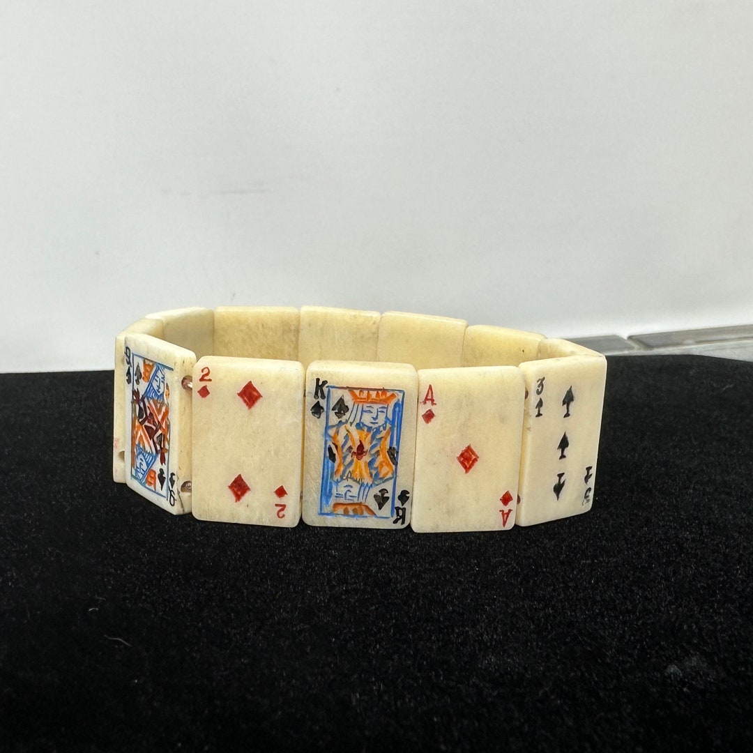 Carved Bone Playing Card Stretch Bracelet, Vintage Stretchy Bangle ...