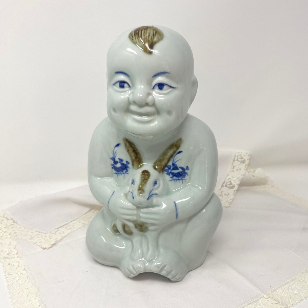 Ceramic Buddha Statue With Rabbit 9, Vintage Asian Child Buddha With ...