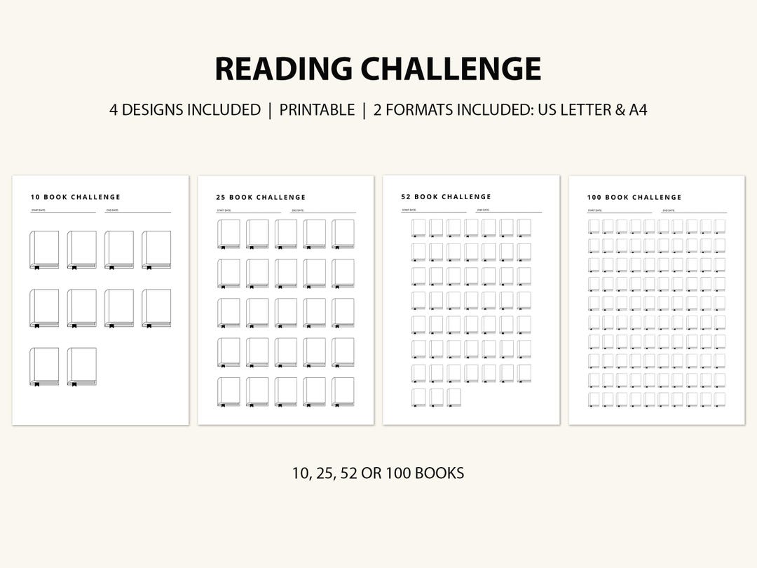 Book Reading Challenge | Printable PDF | 10, 25, 52 or 100 Book ...