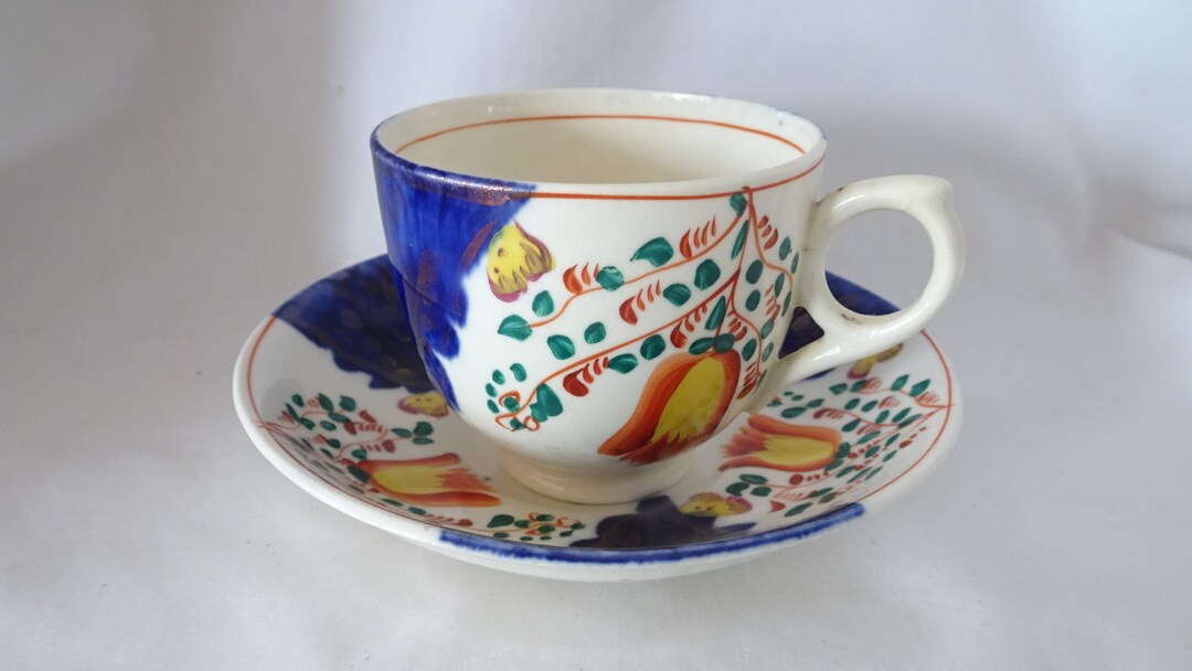 Antique 1850s Gaudy Welsh Hand Painted Pottery Cup and Saucer. Cobalt ...