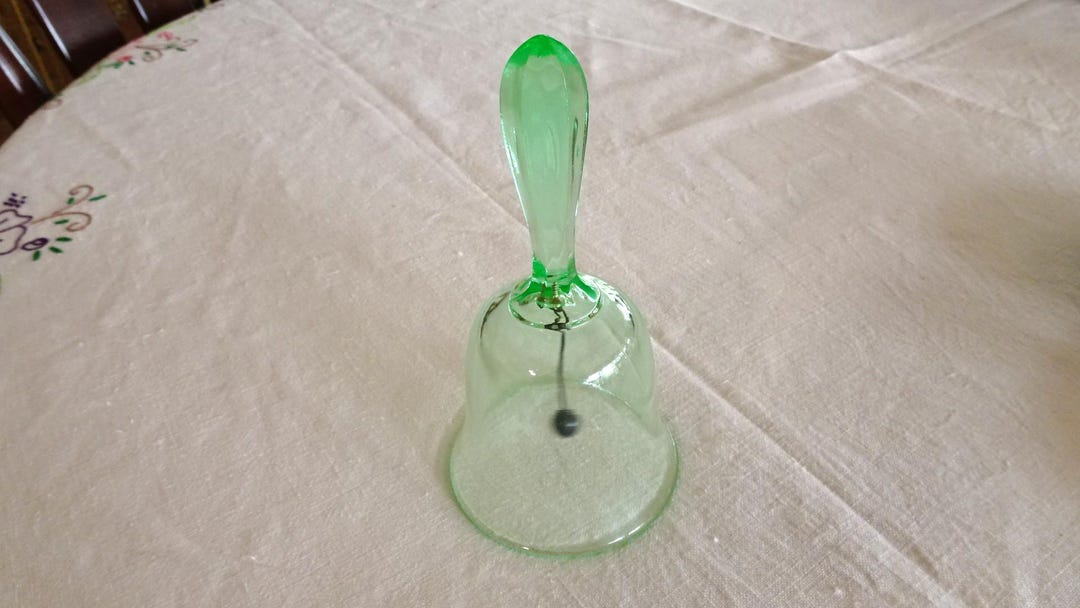 Vintage Depression Green Glass Dinner Bell With Crystal Facetted Handle ...
