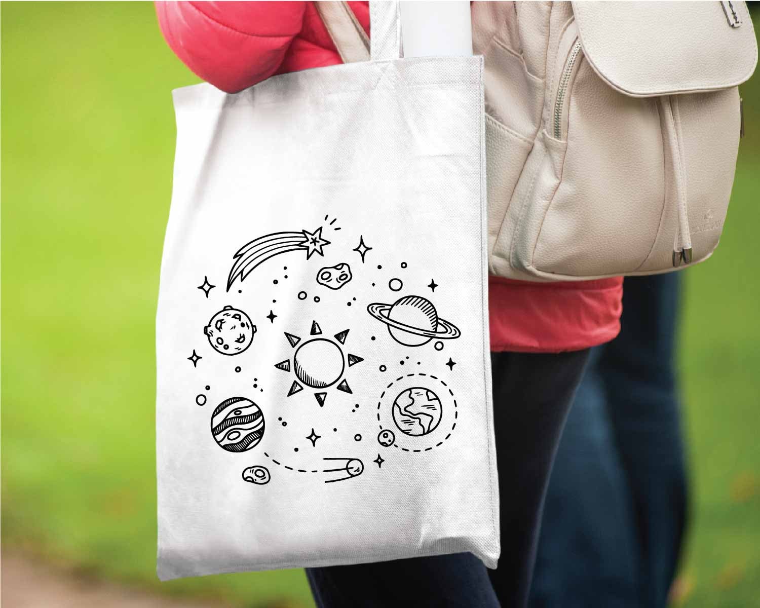 Space Illustration Tote Bag -planets Hand Printed Tote Bag-market Bag ...