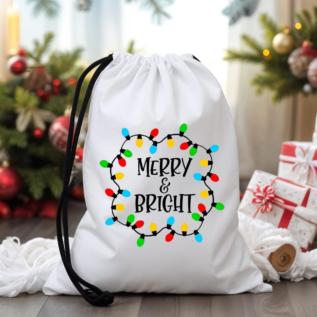 Personalized Merry & Bright With Lights Treat Bags, Drawstring ...