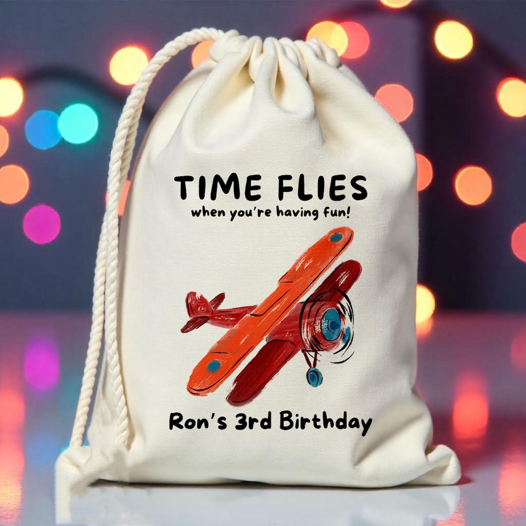 Custom Time Flies Birthday Party Favor Bag - Name Airplane Birthday Bag ...