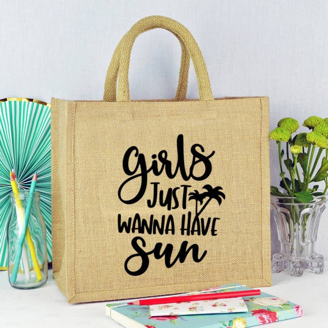 Girls Just Wanna Have Sun Jute Tote Bag Beach Wedding Jute | Etsy
