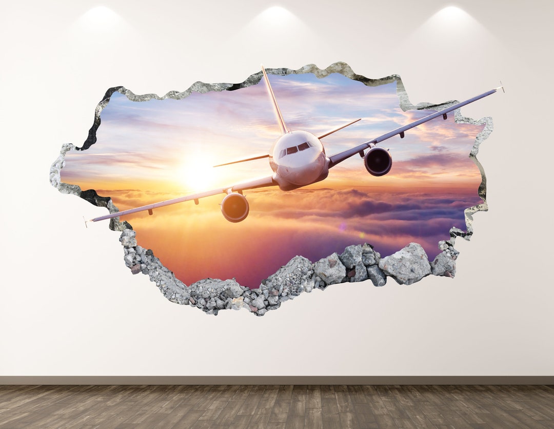 Jumbo Airplane Wall Decal - Plane Sunset 3D Smashed Wall Art Sticker ...