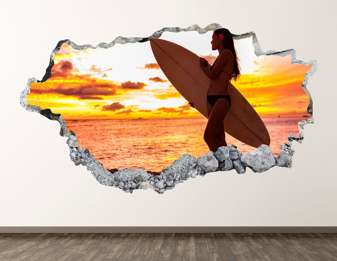 Surfer Girl Wall Decal - Beach 3D Smashed Wall Art Sticker Kids Room ...
