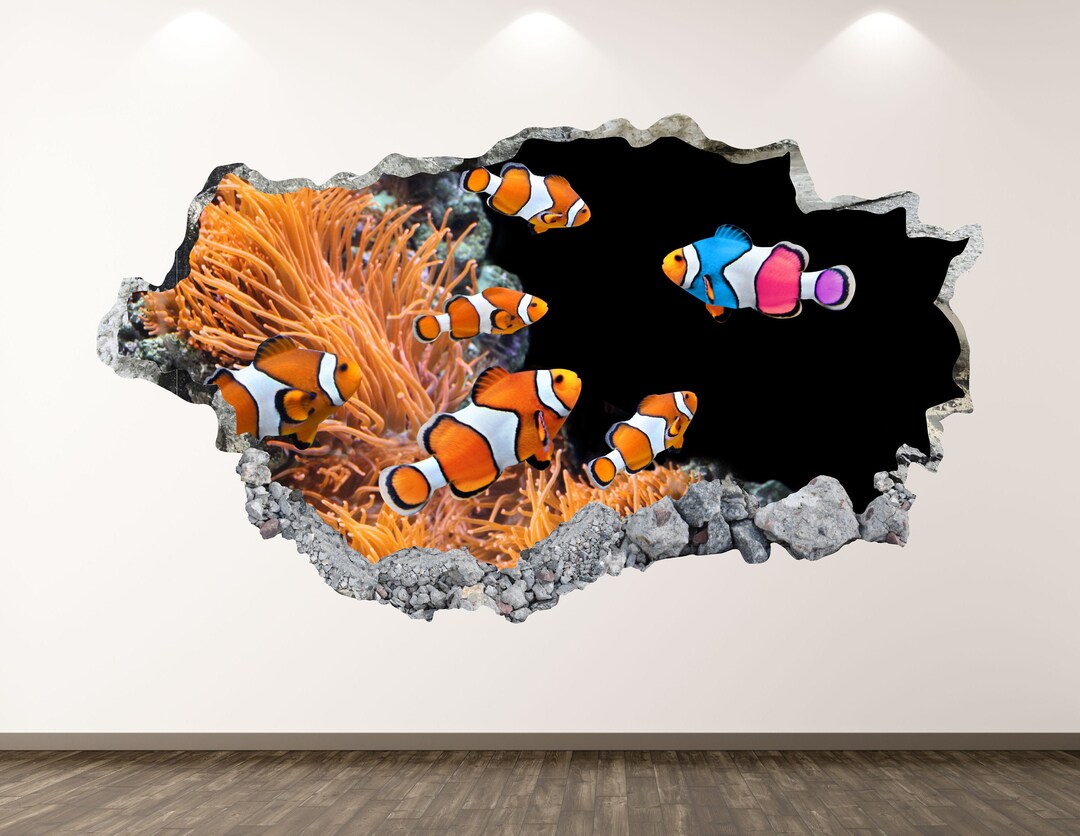 Clown Fish Wall Decal - Ocean Life 3D Smashed Wall Art Sticker Kids ...