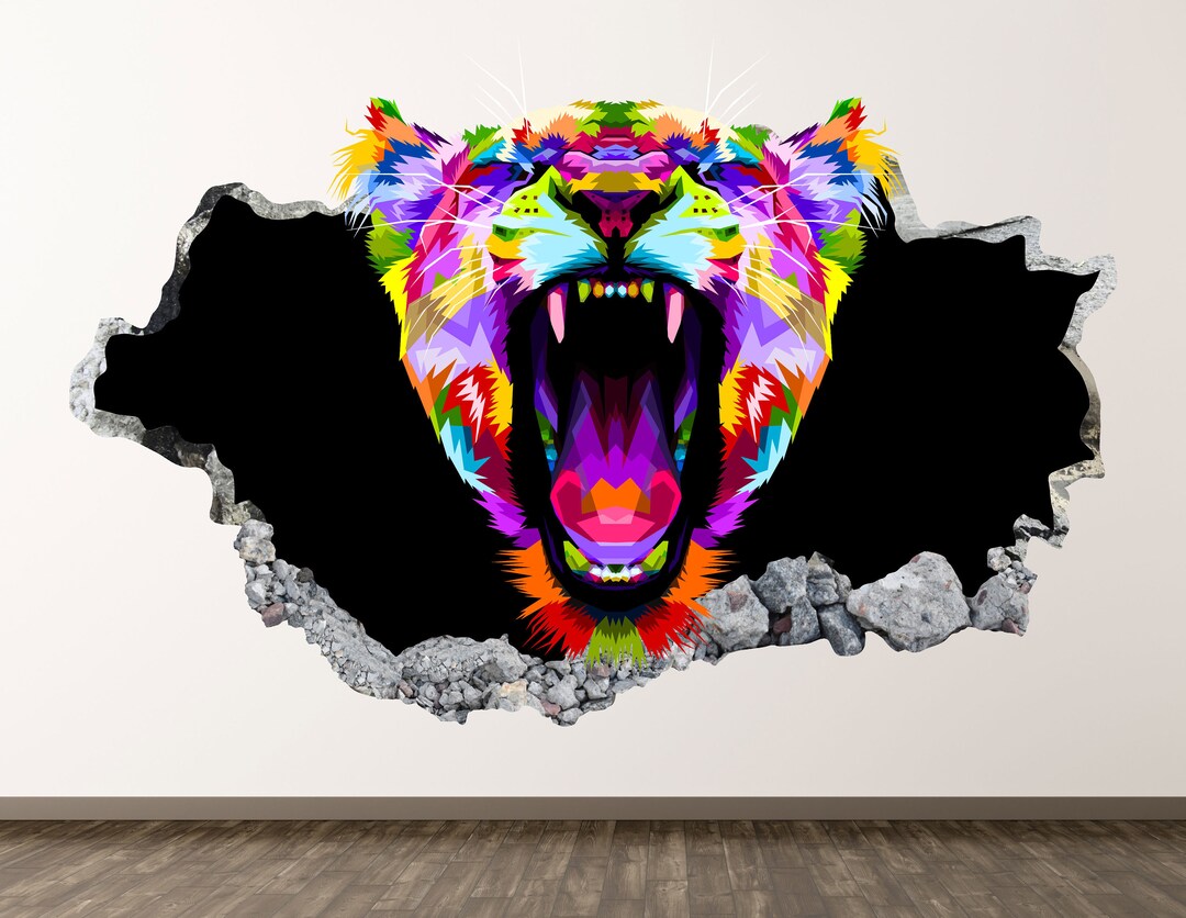 Tiger Face Wall Decal - Animal Art 3D Smashed Wall Sticker Kids Room ...