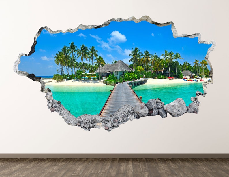 Beach Wall Decal Paradise 3D Smashed Wall Art Sticker Kids Room Decor ...
