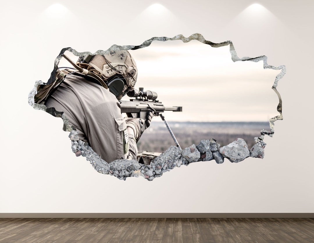 Sniper Wall Decal - Soldier 3D Smashed Wall Art Sticker Kids Room Decor ...