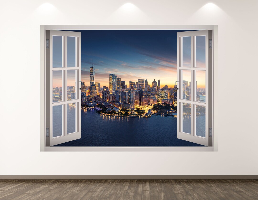 New York Wall Decal - City Night Skyline 3D Window Wall Art Sticker ...