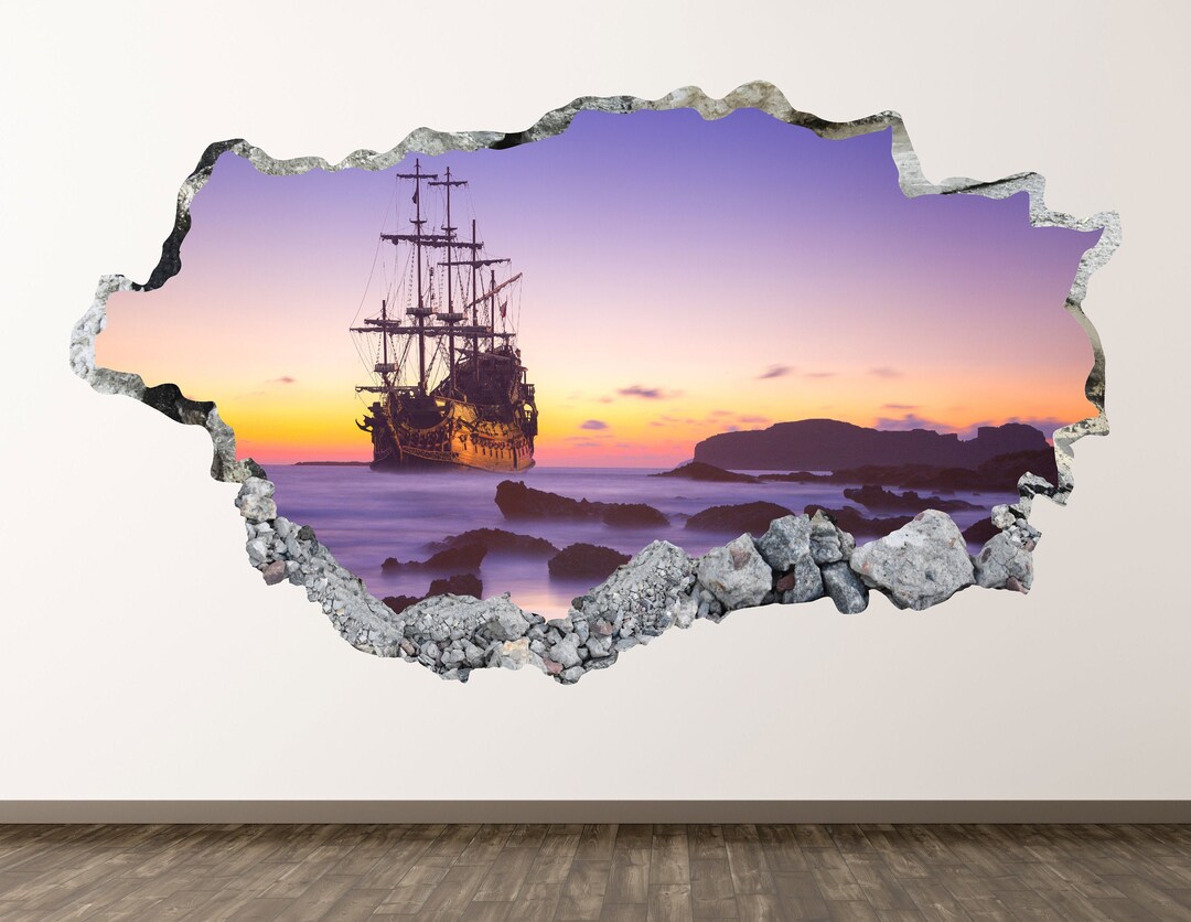 Pirate Ship Wall Decal - Sunset Beach 3D Smashed Wall Art Sticker Kids ...