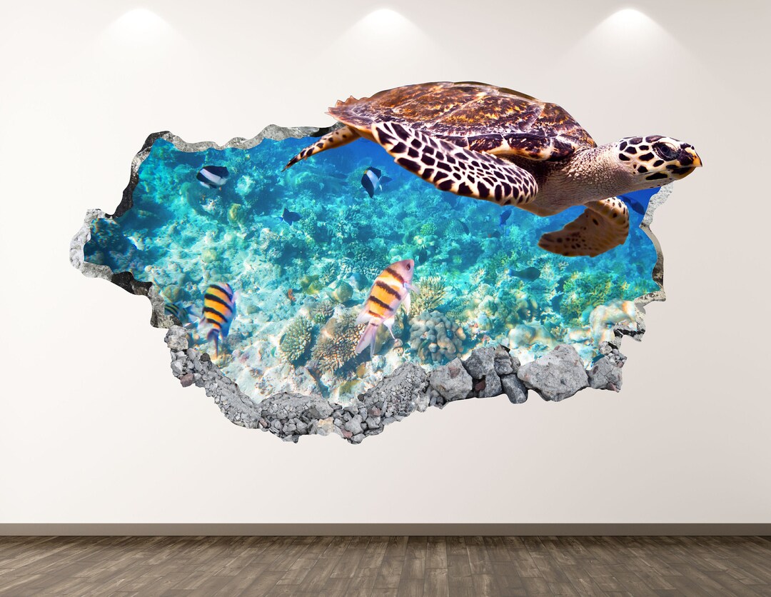 Turtle Wall Decal - Ocean Animal 3D Smashed Wall Art Sticker Kids Room ...