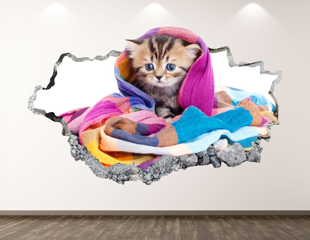 Small Cat Wall Decal - Kitty 3D Smashed Wall Art Sticker Kids Room ...