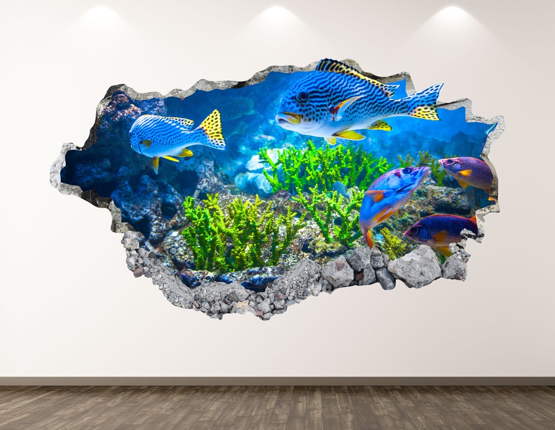 Aquarium Wall Decal - Ocean Fish 3D Smashed Wall Art Sticker Kids Room ...