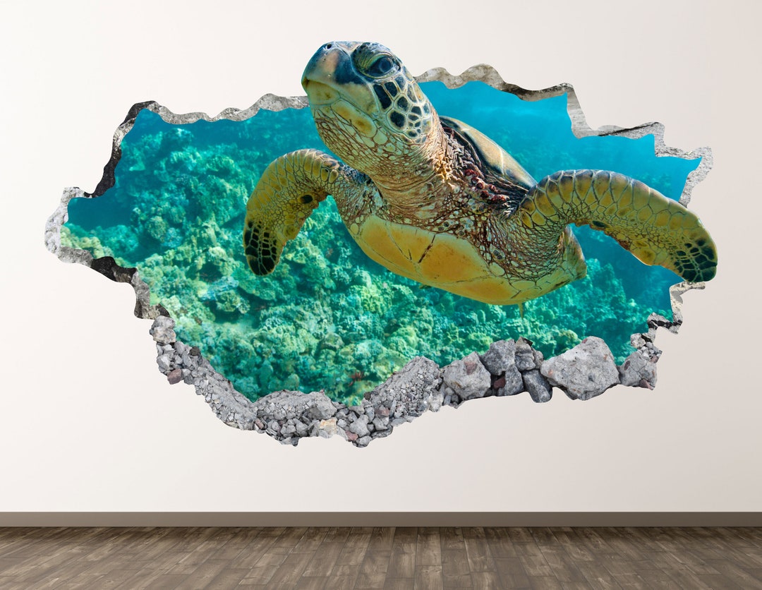 Wild Turtle Wall Decal - Deep Ocean Animal 3D Smashed Wall Art Sticker ...