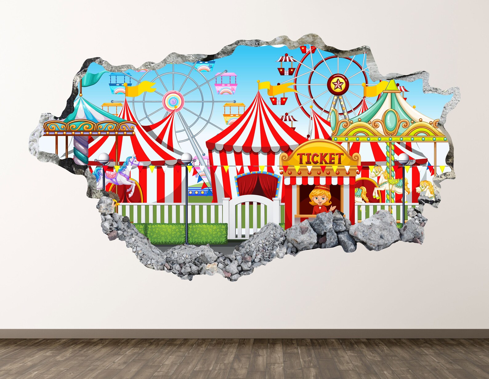Circus Wall Decal - Amusement Park 3D Smashed Wall Art Sticker Kids ...
