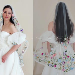 Embroidered Wildflower Veil, Lace Branches Wedding Veil, Meadow Wildflowers Veil, Blue Green ...