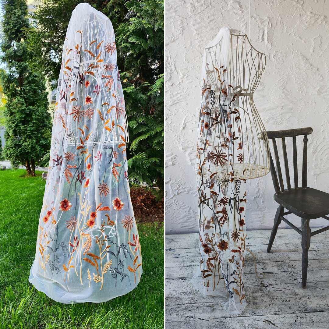 White Tulle Brown Flowers Bridal Veil, Autumn Leaves Falling Veil ...