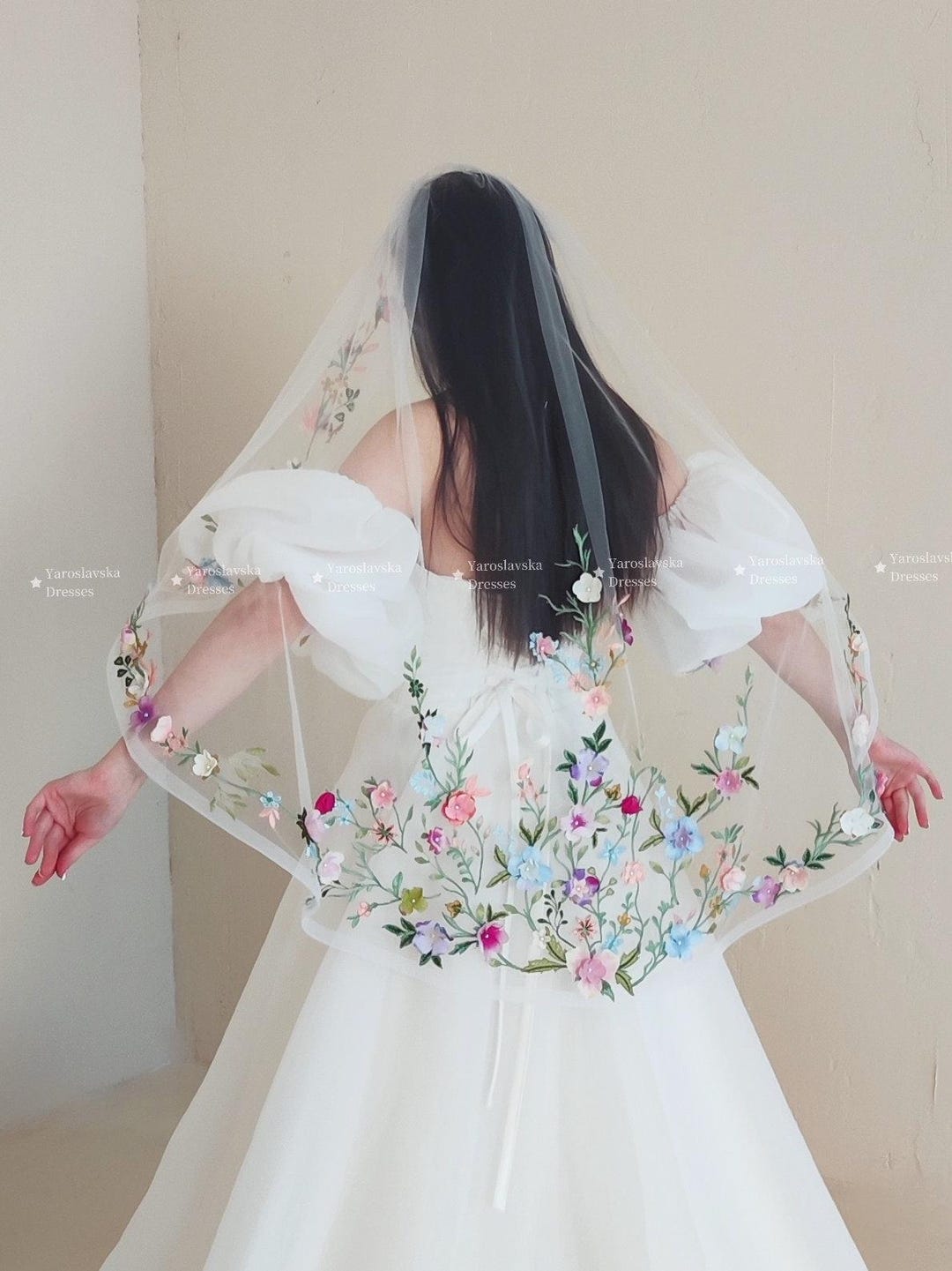 Embroidered Wildflower Veil, Lace Branches Wedding Veil, Meadow ...