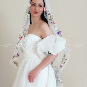 Embroidered Wildflower Veil, Lace Branches Wedding Veil, Meadow Wildflowers Veil, Blue Green ...