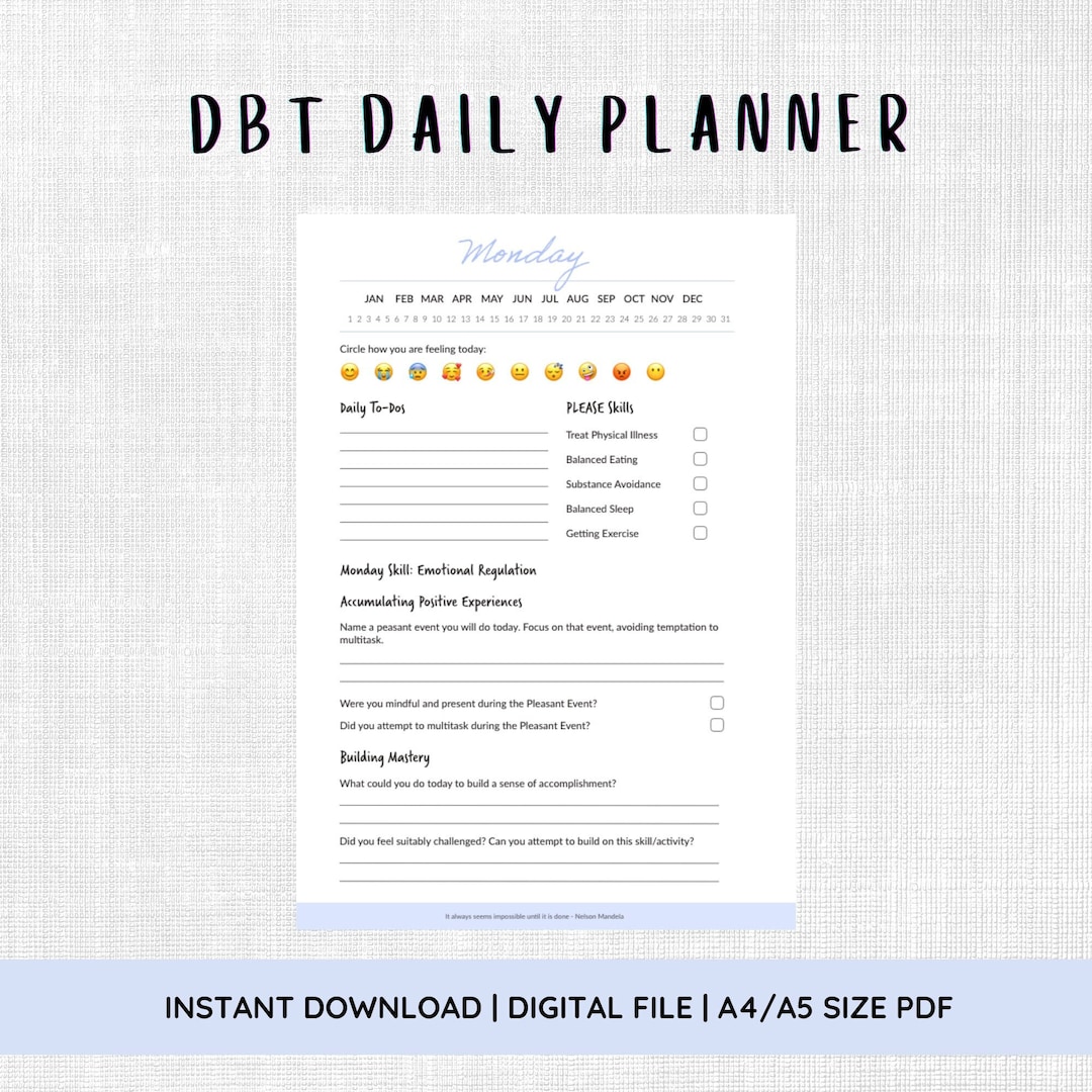 DBT Skills Daily Planner + BONUS Pleasurable Events Prompts | BPD ...