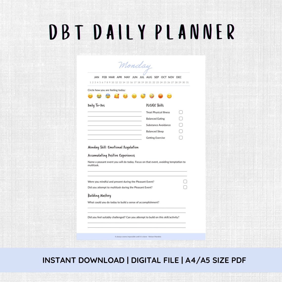 DBT Skills Daily Planner + BONUS Pleasurable Events Prompts | BPD ...