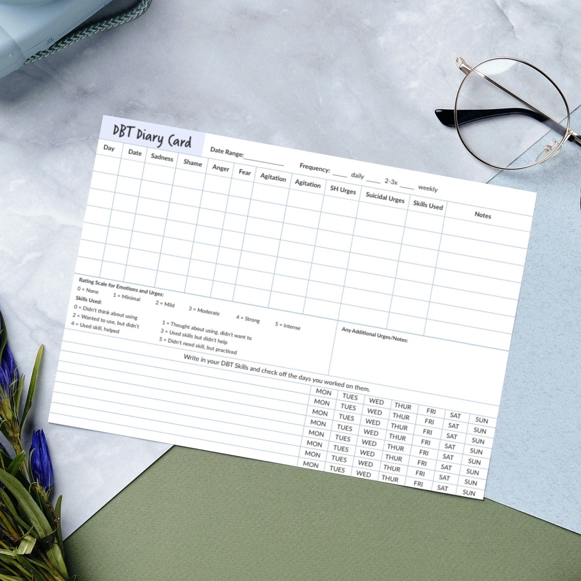 DBT Diary Cards Diary Card Worksheet & DBT Skills Tracker Printable ...