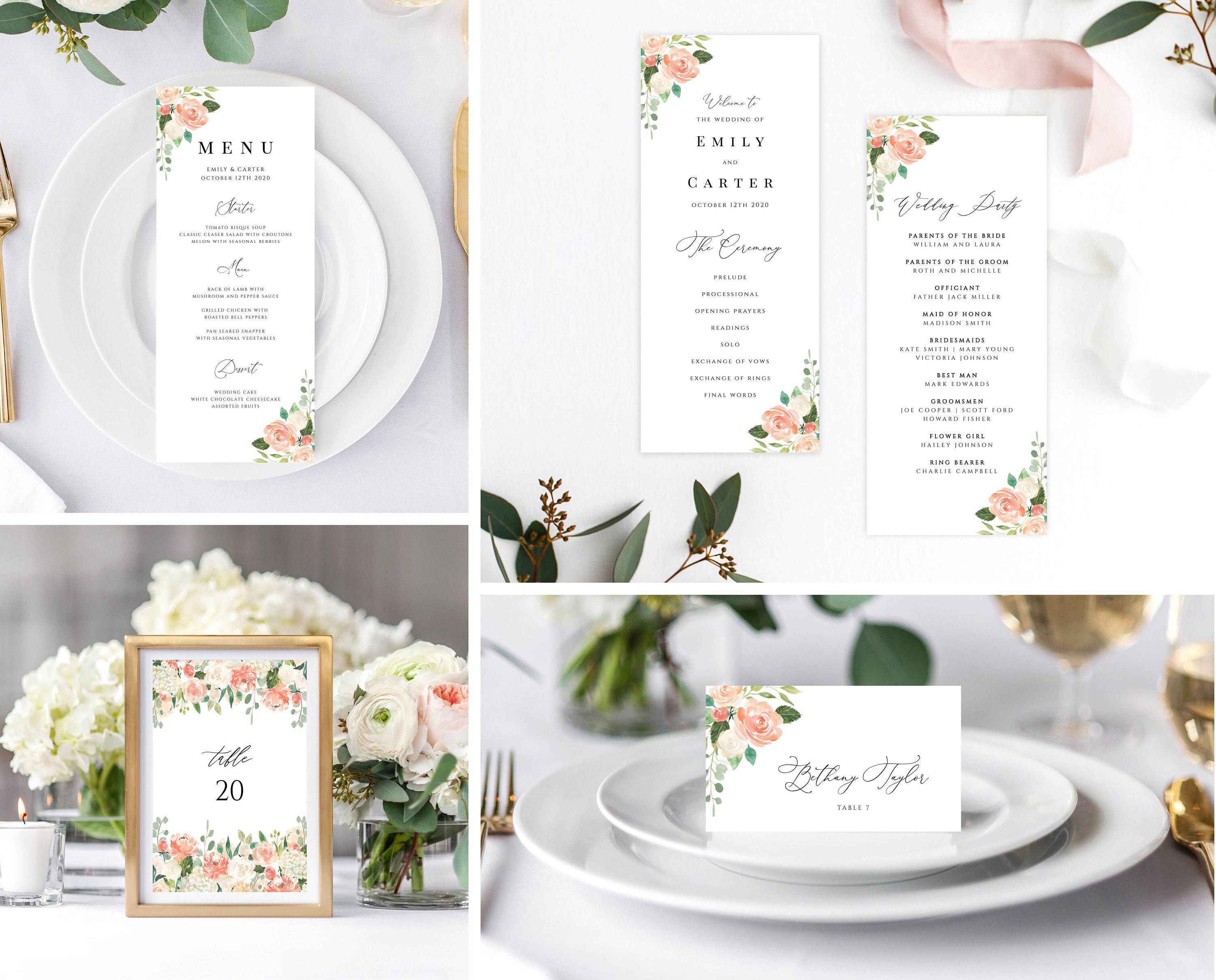 Peach and Cream Wedding Menu Printable Program Elegant - Etsy