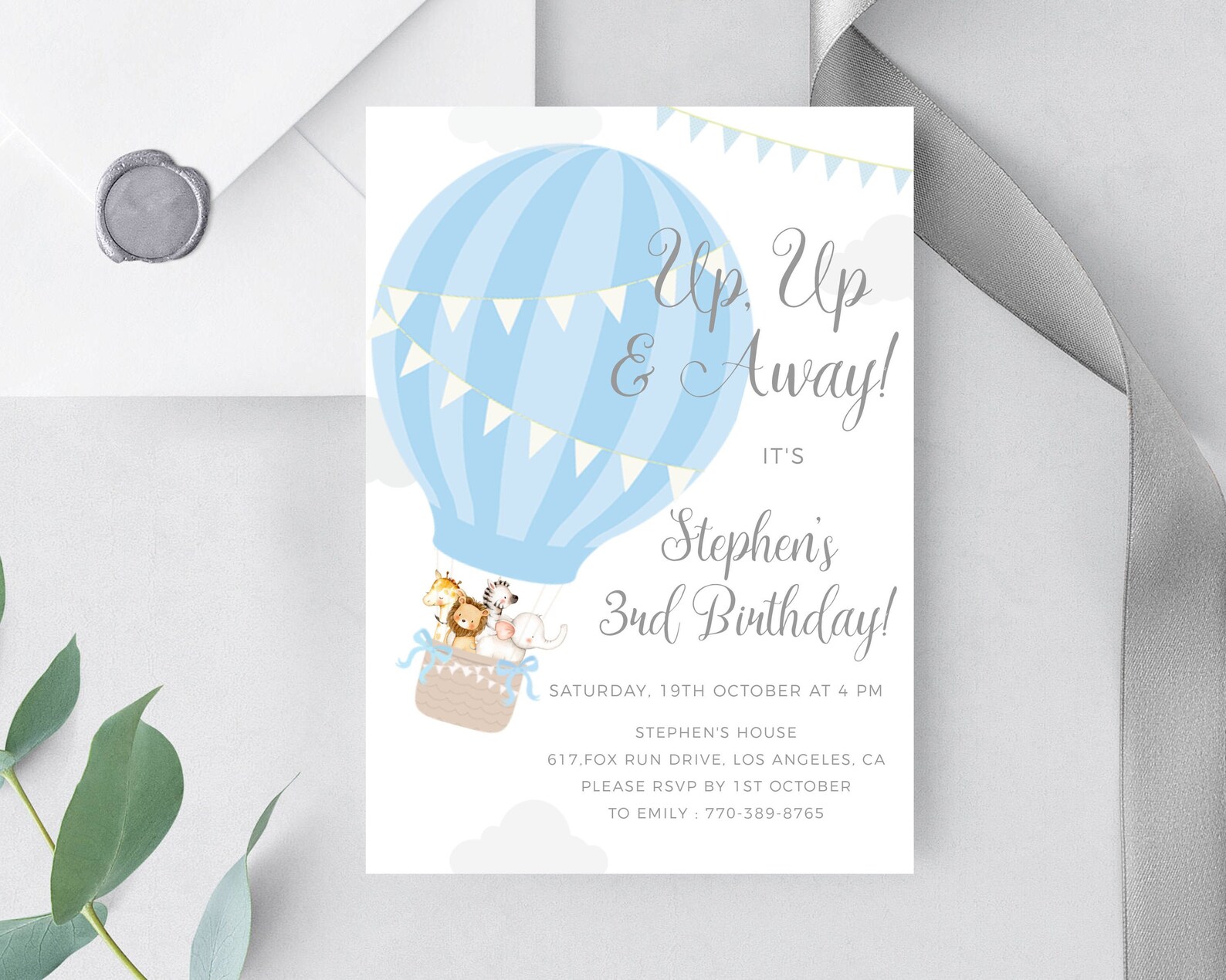 Hot Air Balloon Birthday Invitation Template, Blue Hot Air Balloon ...