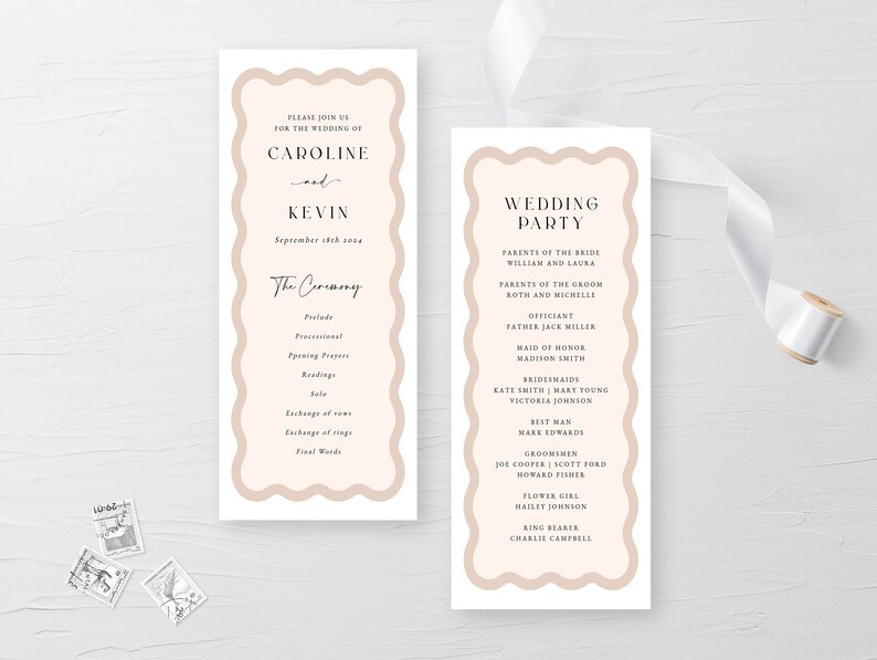 Wavy Wedding Program Template, Beige Curvy Wedding Program, Modern Wavy ...