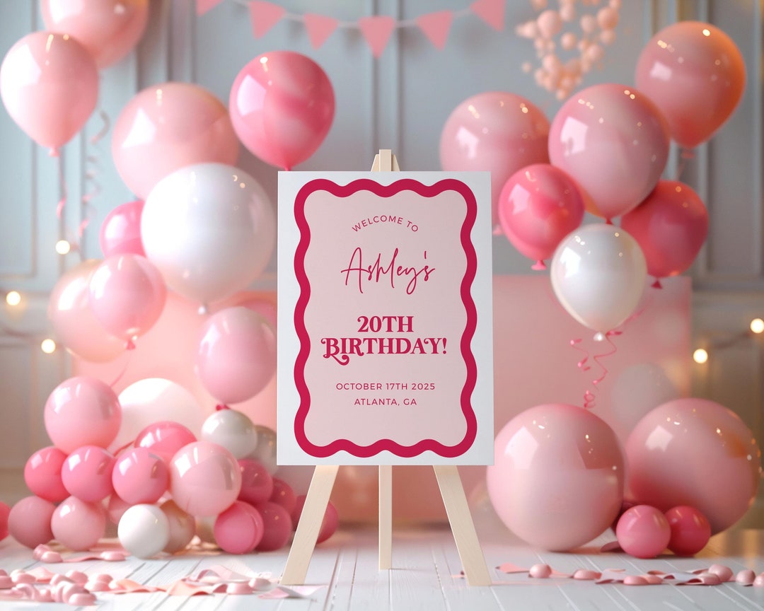 Feminine 20th Birthday Welcome Sign, Pink 20th Birthday Welcome Sign ...
